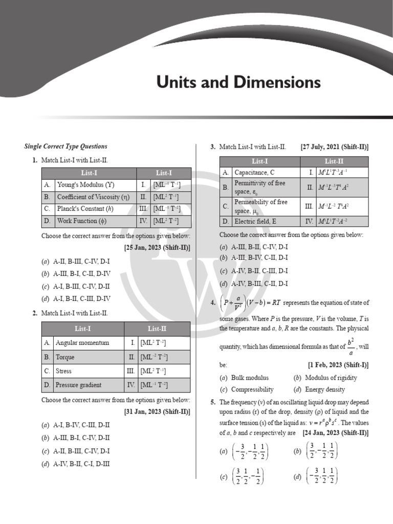 Units and Dimensions - PYQ Practice Sheet | PDF