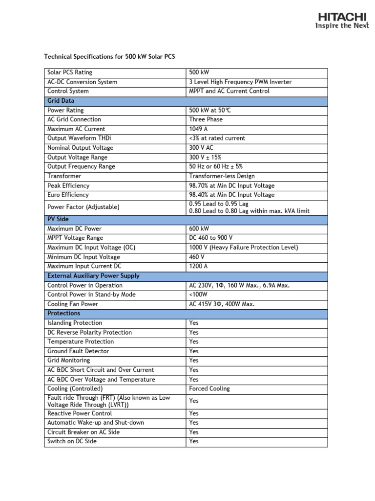 500 kW Solar PCS Technical Specs | PDF | Technology & Engineering
