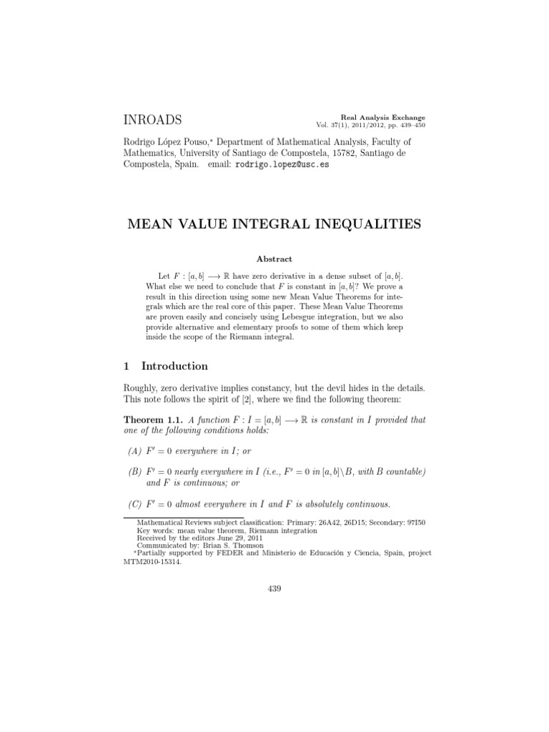 Mean Value Integral Inequalities | PDF