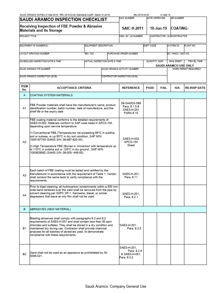 FBE Coating Inspection Checklist | PDF | Technology & Engineering