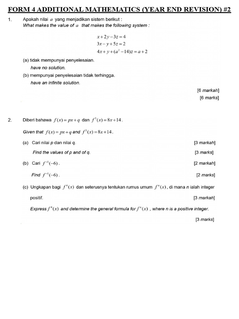 Form 4 Additional Mathematics (Year End Revision) Set 2 | PDF