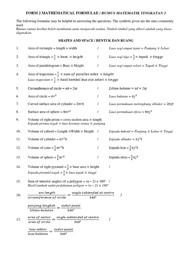 Formula Matematik Tingkatan 2 | PDF