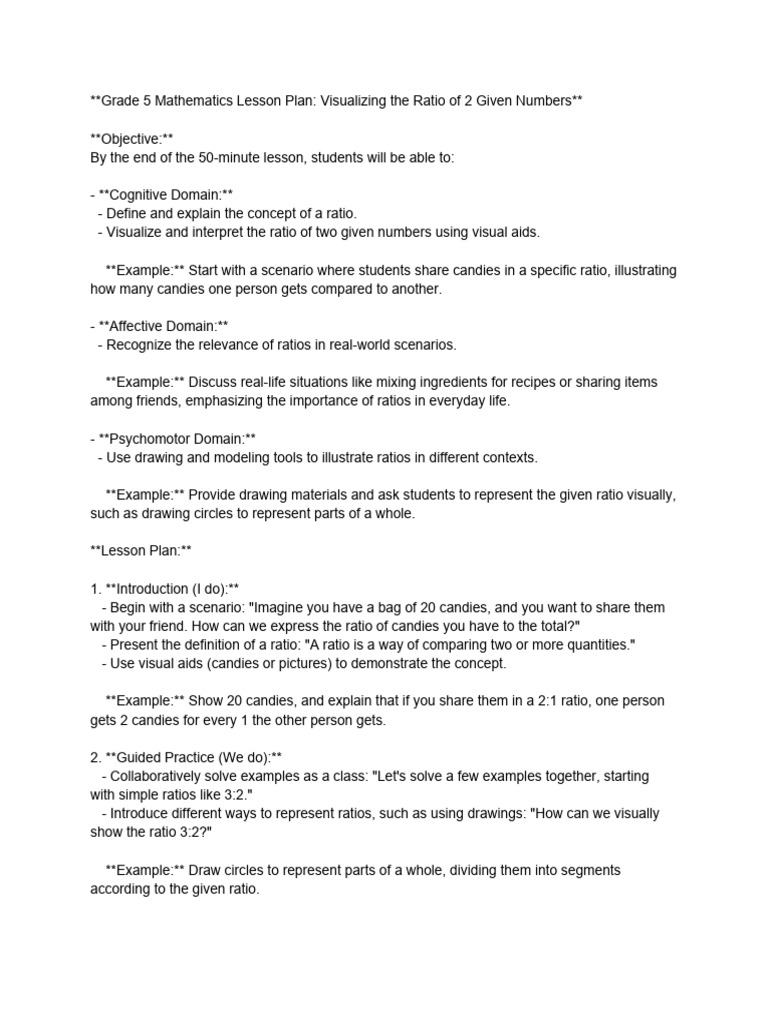 Grade 5 Lesson Plan on Ratios | PDF | Ratio | Concept