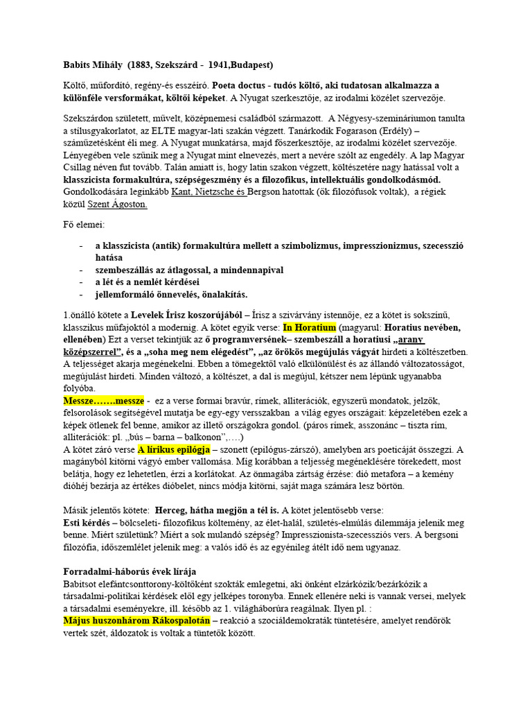 Babits Mihály És Juhász Gyula - Érettségi Tétel | PDF