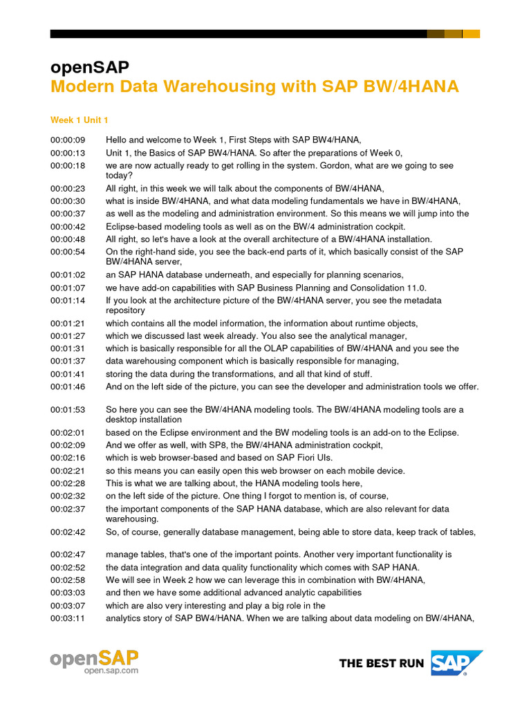 OpenSAP Bw4h2 Week 1 Transcript en | PDF | Databases | Data Warehouse OpenSAP Bw4h2 Week 1 Transcript en | PDF | Databases | Data Warehouse