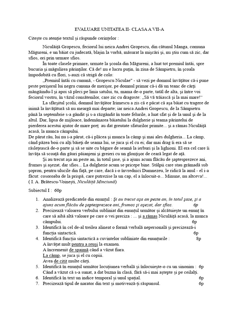 Evaluare Unitatea II 7 | PDF
