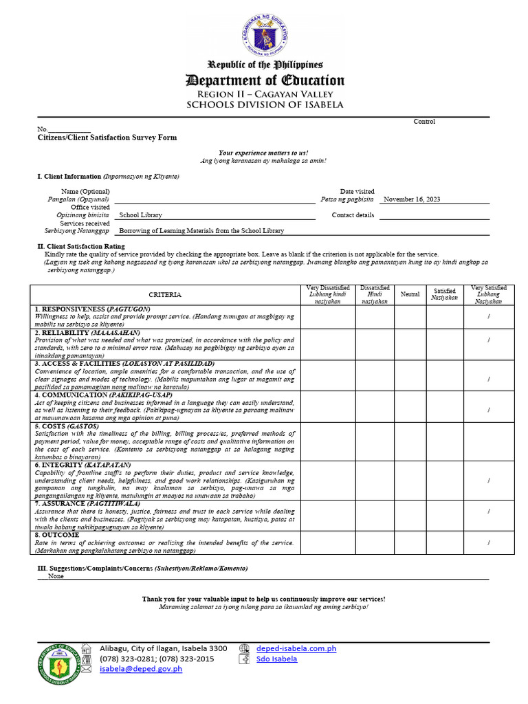 Client Satisfaction Survey Form 2023 | PDF
