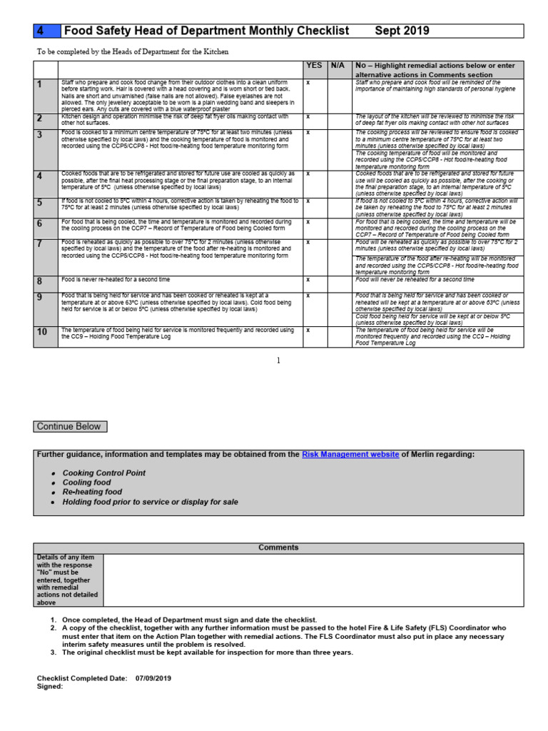 004.food Safety HOD Checklist | PDF