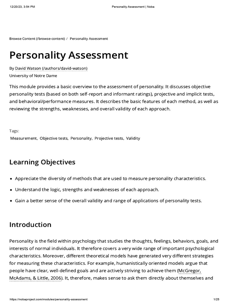 Personality Assessment - Noba | PDF