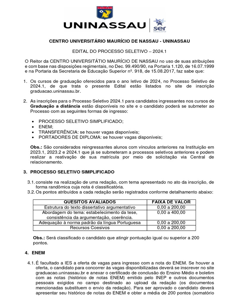 Edital Processo Seletivo Uninassau Digital - 2024.1. | PDF