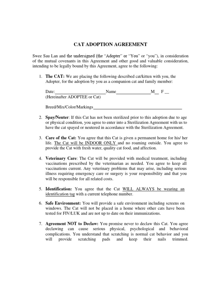 Cat Adoption Agreement | PDF | Neutering | Cats