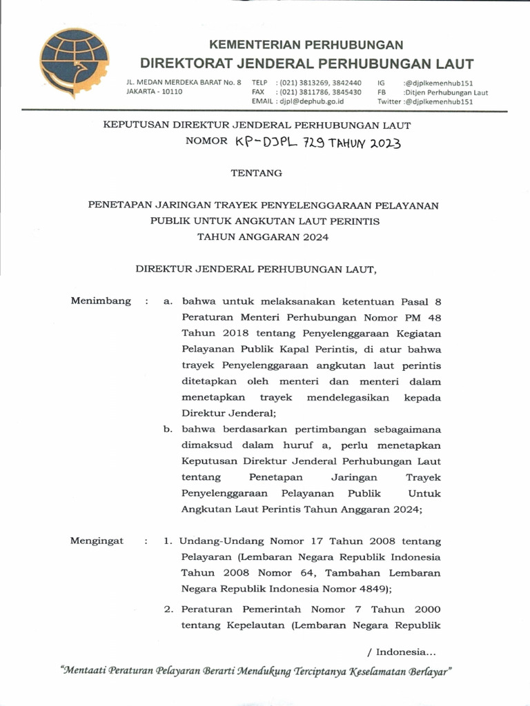 KP-DJPL 729 Tahun 2023 Tentang Jaringan Trayek Kapal Perintis Ta 2024 | PDF