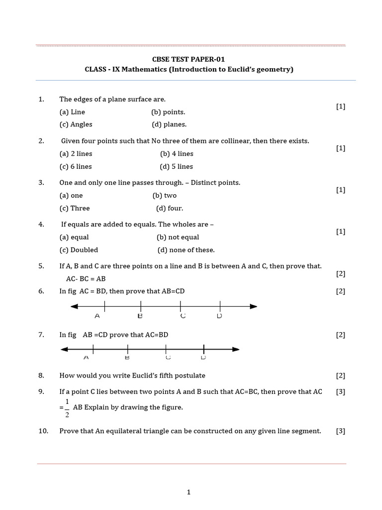 Euclid Geometry Imp Question Paper 1 | PDF