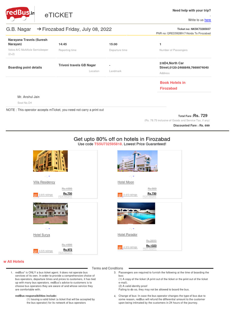 Redbus Ticket tk5j73255836 1 | PDF