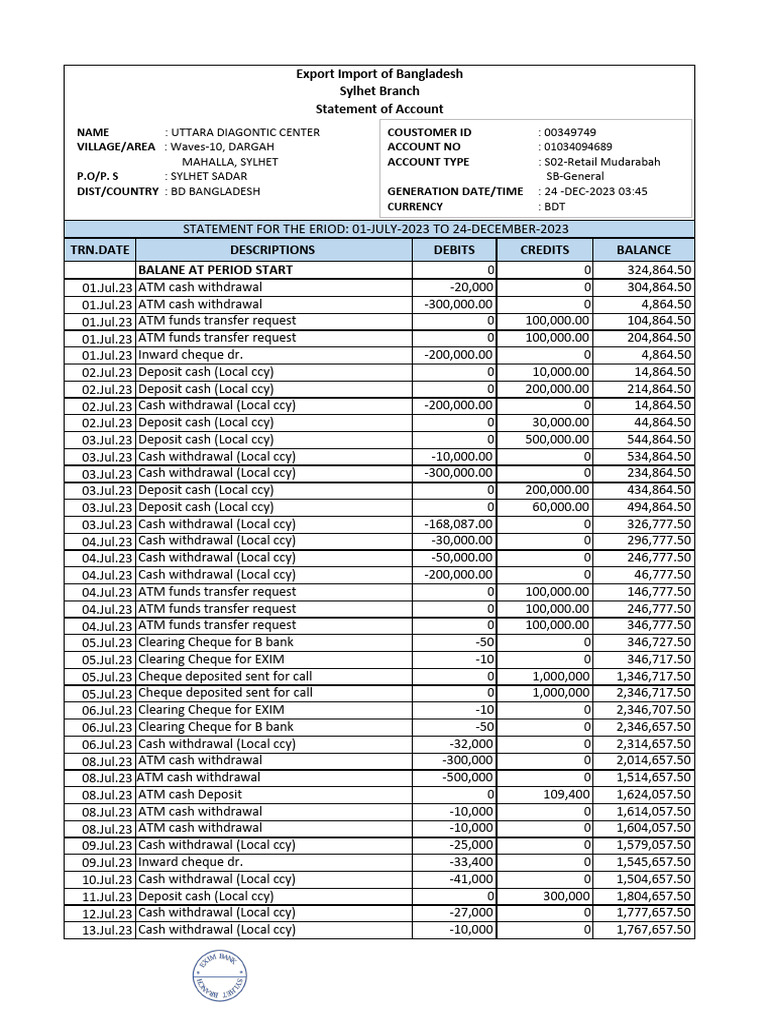 EXIM Bank Statement | PDF