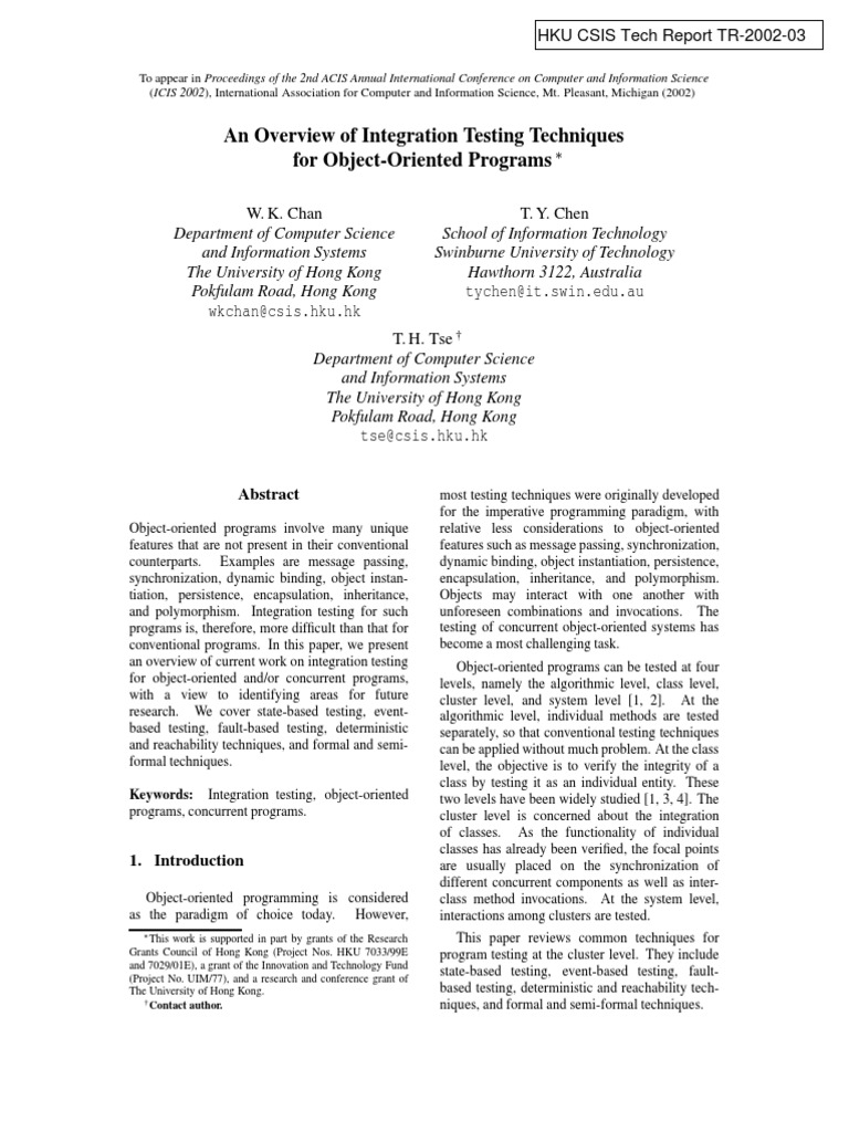 An Overview of Integration Testing Techniques For Object-Oriented ...