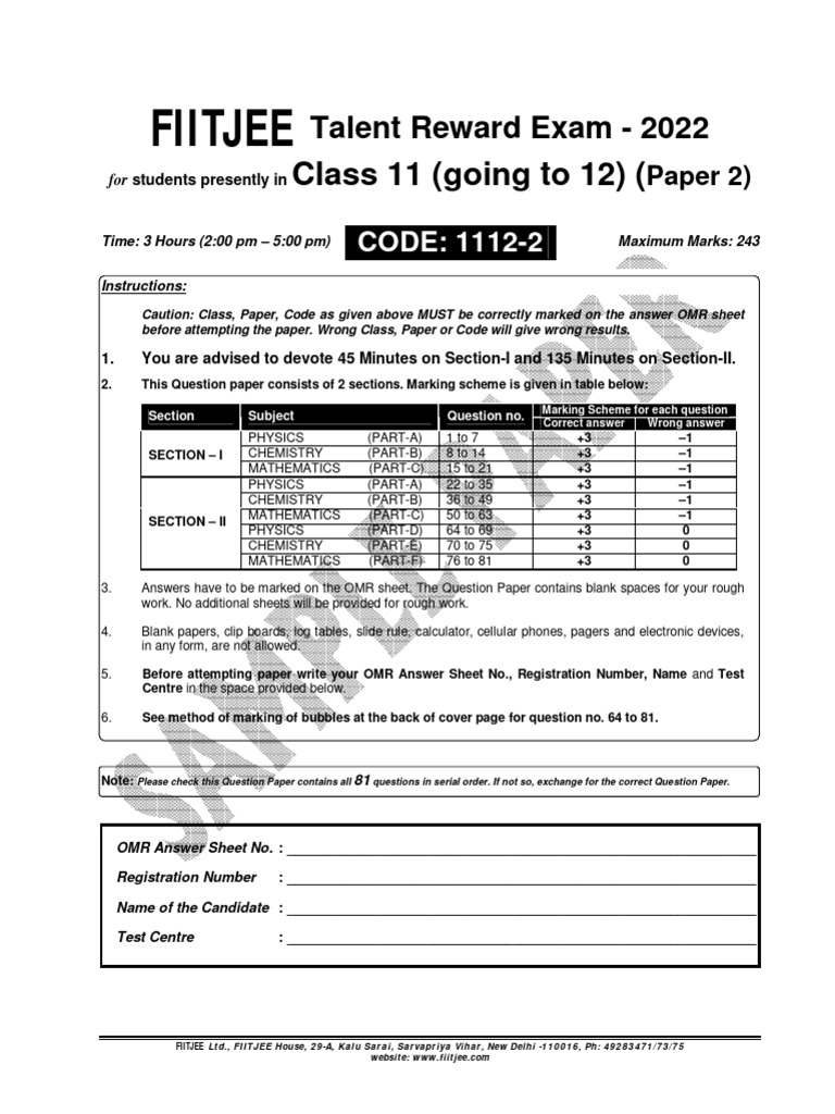 Ftre 2022-11th Sample Paper 2 | PDF | Collision | Physical Quantities