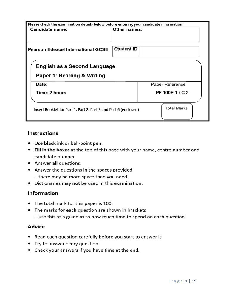 Instructions: English As A Second Language Paper 1: Reading & Writing ...