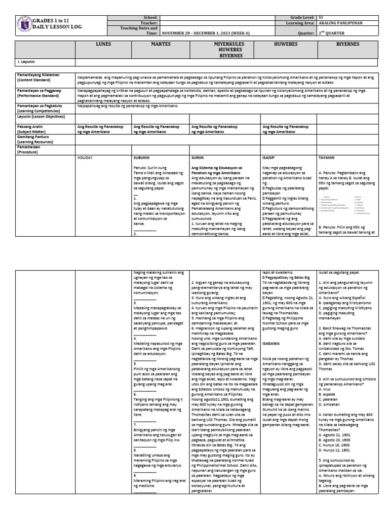 DLL - Araling Panlipunan 6 - Q2 - W4 | PDF