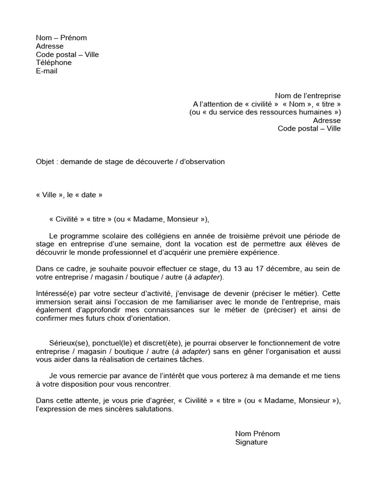 Exemple Lettre Demande de Stage | PDF