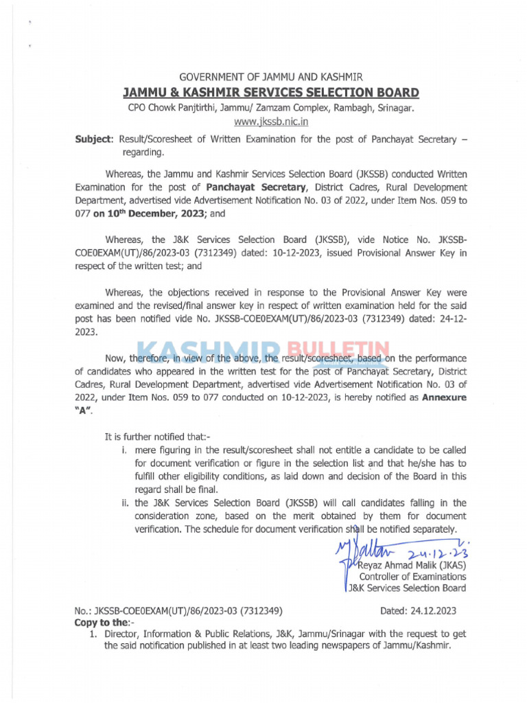 Watermark-Result Scoresheet Panchayat Secretary 24122023-2 | PDF