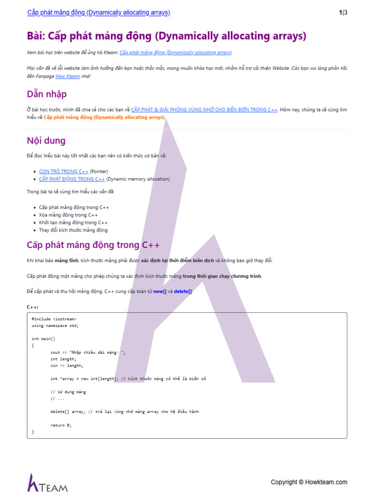 HOWKTEAM.VN - Cấp phát mảng động (Dynamically allocating arrays) | PDF