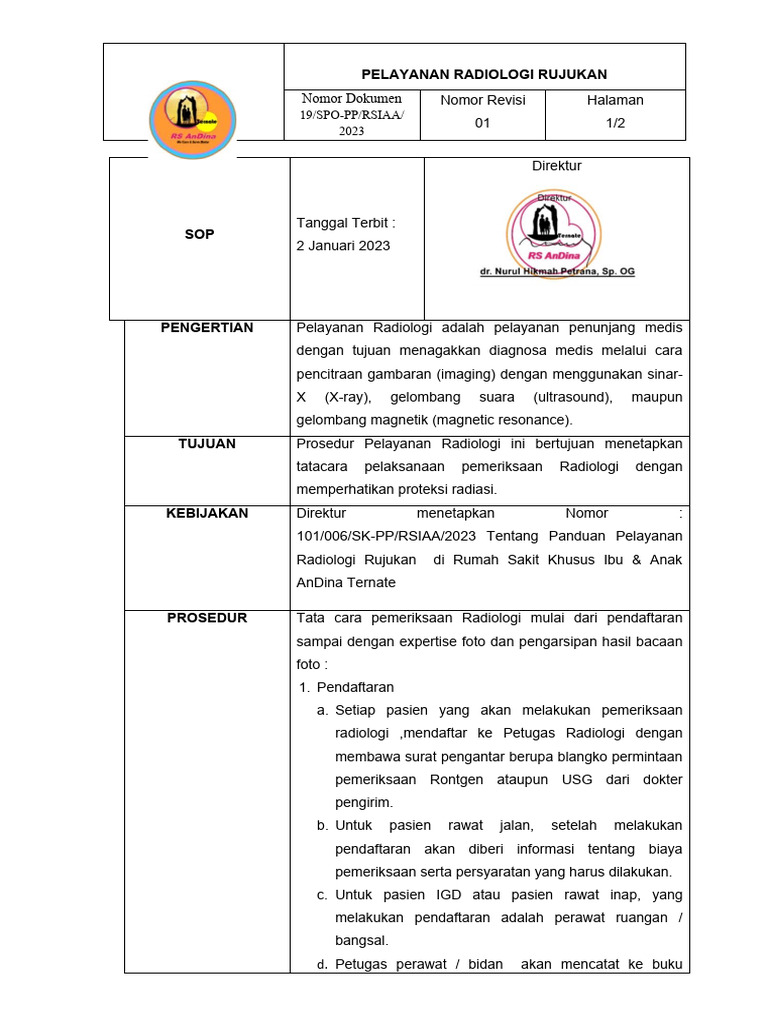 SOP PELAYANAN RADIOLOGI RS PRIMA - Buat Panduan4 | PDF
