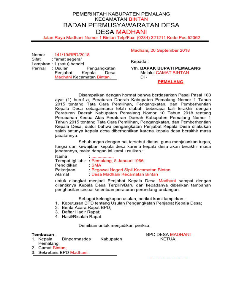 Bekal BPD Contoh Usulan Pengangkatan Penjabat Kades | PDF