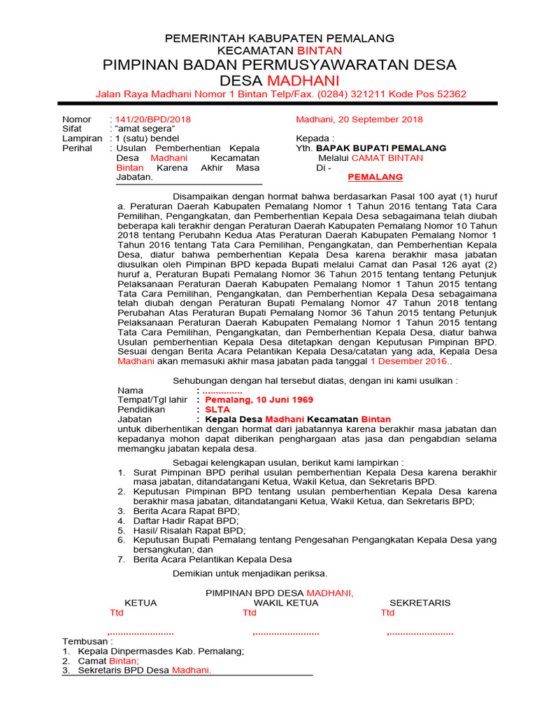 Bekal BPD Contoh Usulan Pimp BPD Pemberhentian Kades | PDF