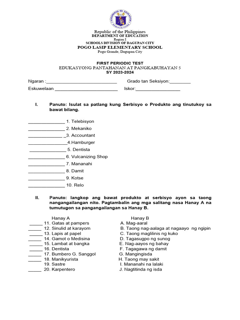 First Periodic Test in Epp 5 | PDF | Career & Growth | Social Science