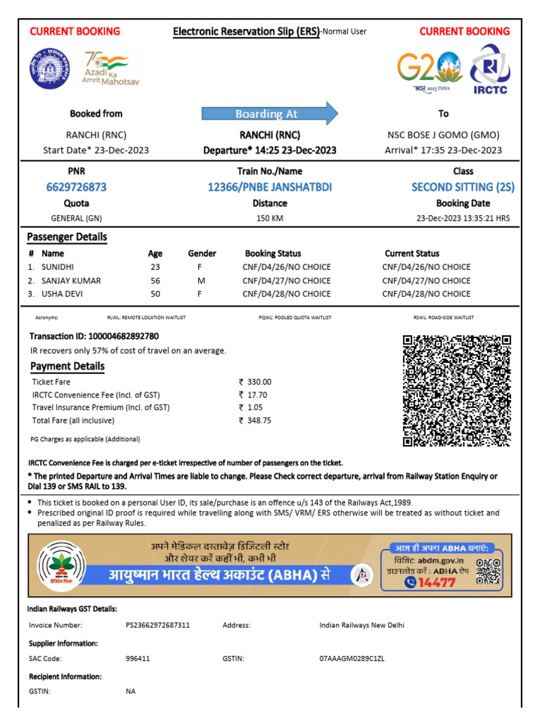 12366/pnbe Janshatbdi Second Sitting (2S) | PDF | Identity Document ...