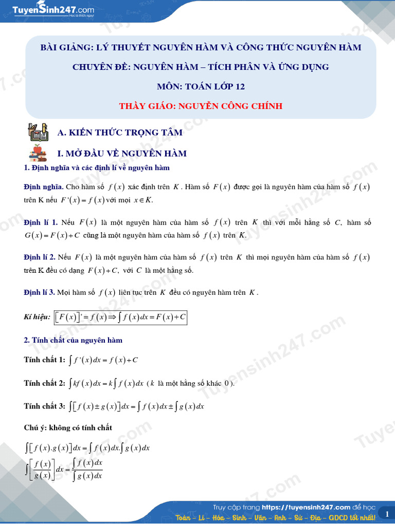 1 Ly Thuyet Nguyen Ham Va Bang Cong Thuc Nguyen Ham | PDF