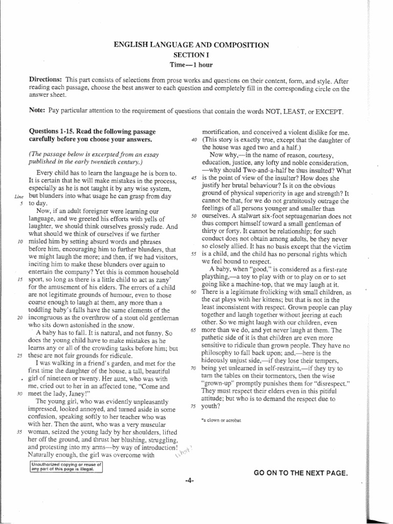 AP Eng Language and Composition 2018 Multiple Choice Quesitons | PDF