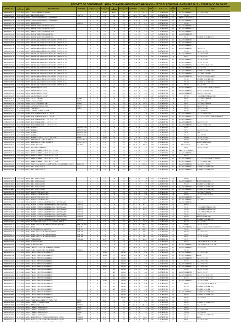 Reporte de Consumos Dic 23 Mantto | PDF