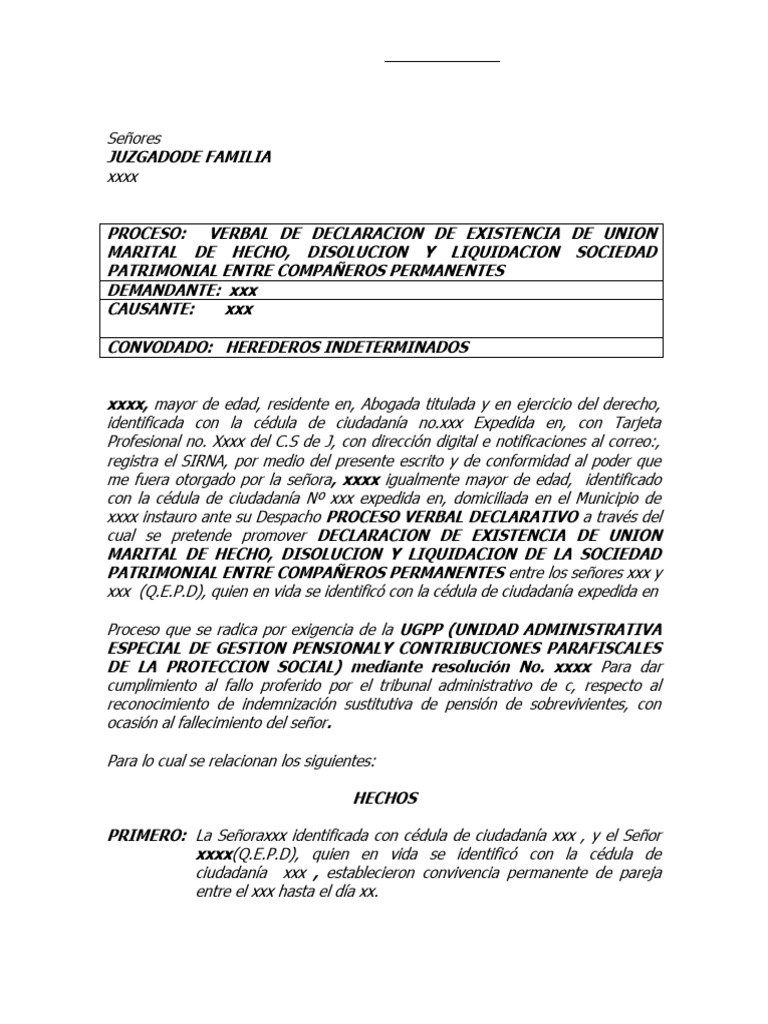 DEMANDA DECLARACION UNION MARITAL DE HECHO | PDF | Gobierno | Justicia