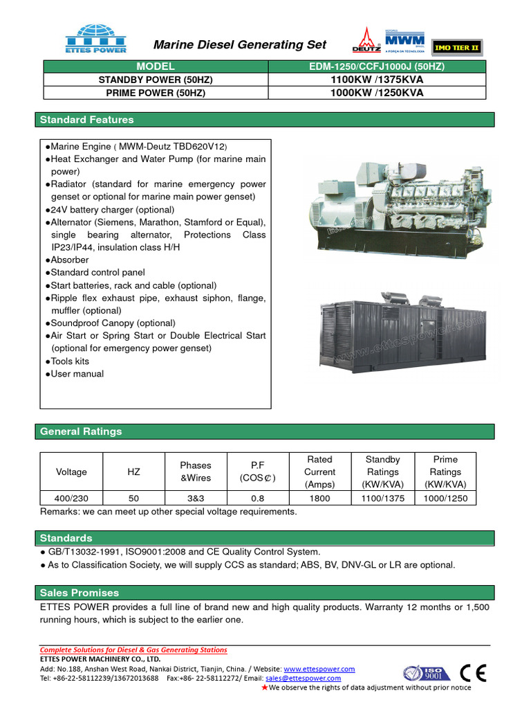 Datasheet of 1000kw MWM-Deutz Marine Genset EDM-1250 TBD620V12-50HZ ...