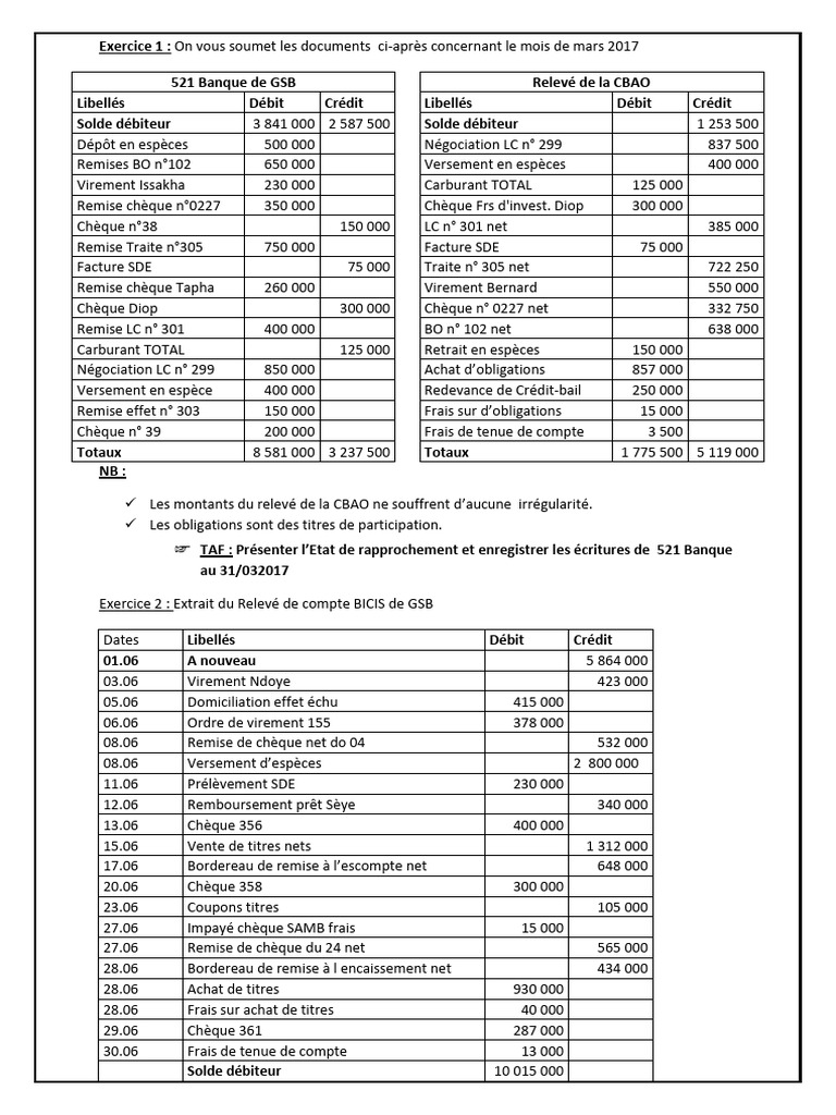 Exercice Etat de Rapprochement Bancaire | PDF