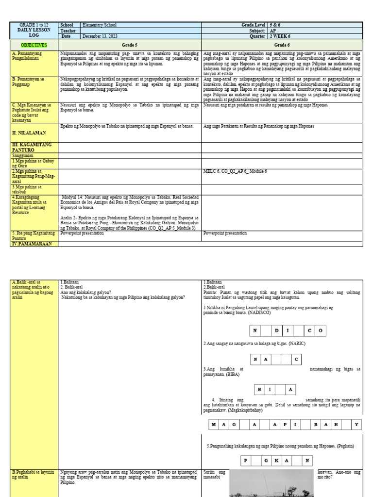 Daily Lesson LOG School Grade Level 5 & 6 Teacher Subject: AP Date ...