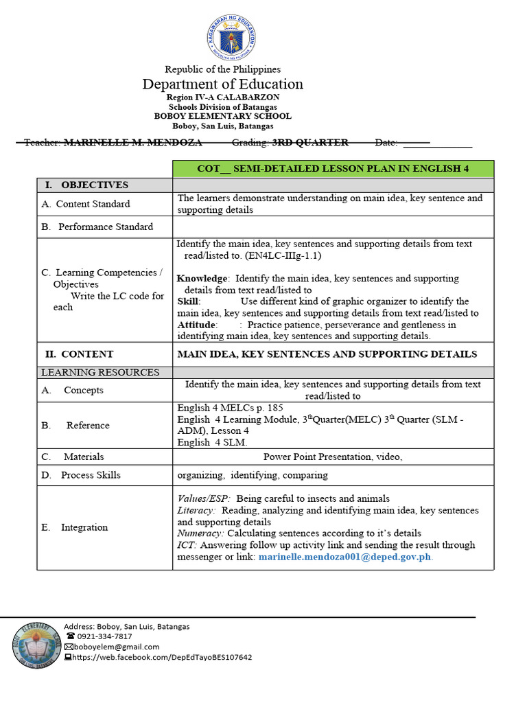 Cot Plan English Third Quarter 4TH Week | PDF | Learning | Human Communication