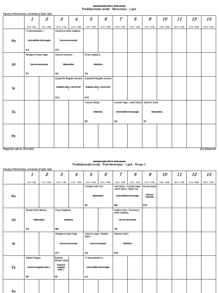 Raspored Nastave Za Zimski Semestar 2023 2024 | PDF