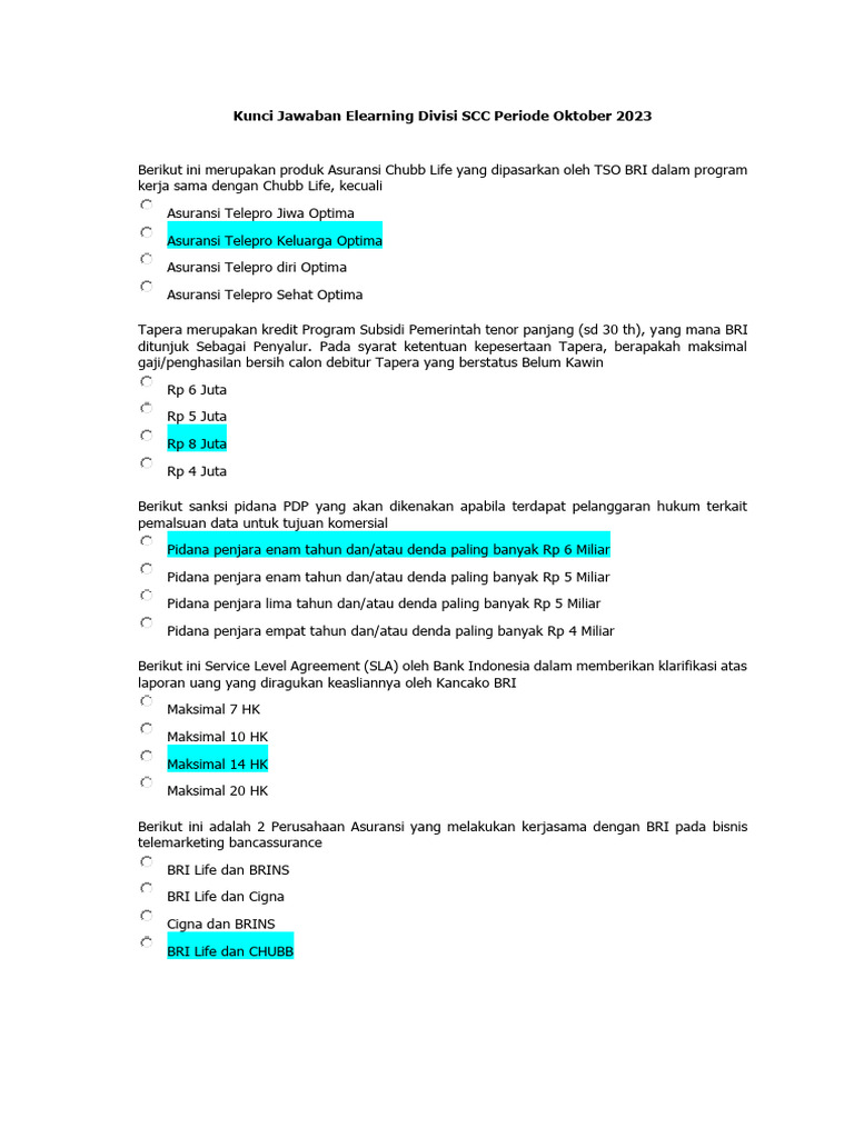 Kunci Jawaban E-Learning Divisi SCC Periode Oktober 2023 | PDF