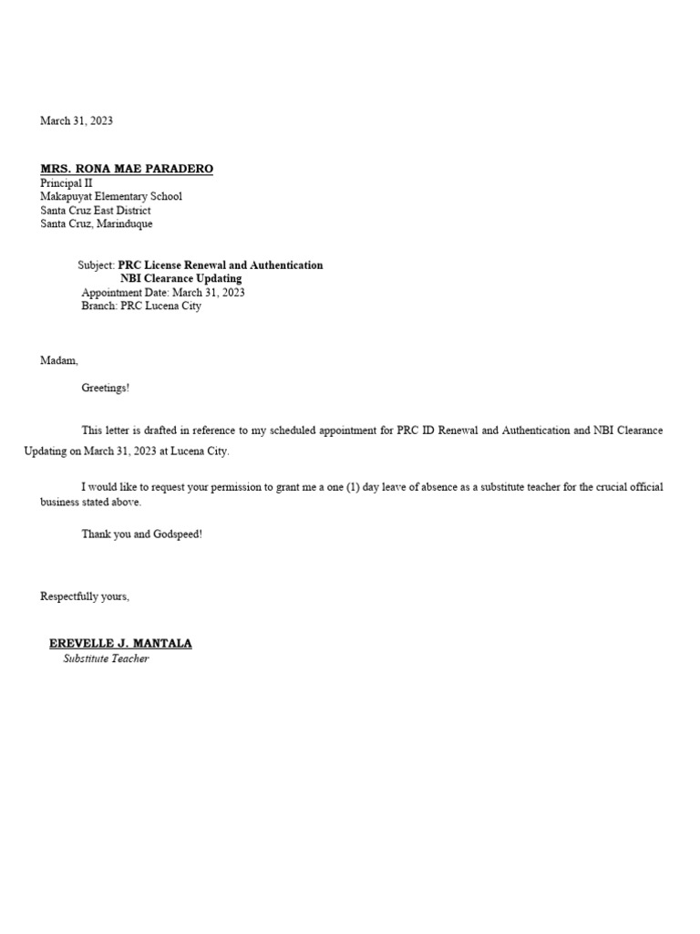 Substitute LETTER of Excuse for PRC | PDF