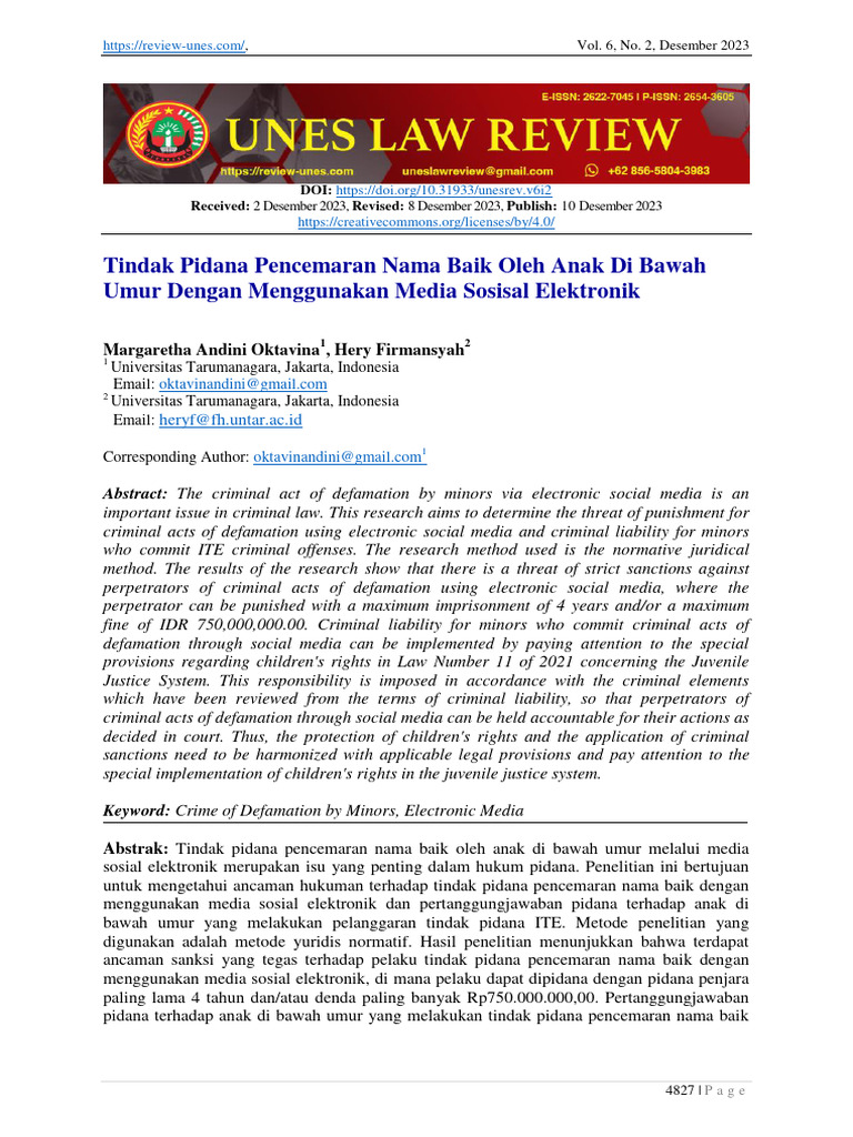 Tindak Pidana Pencemaran Nama Baik Oleh Anak Di Bawah Umur Dengan Menggunakan Media Sosisal ...