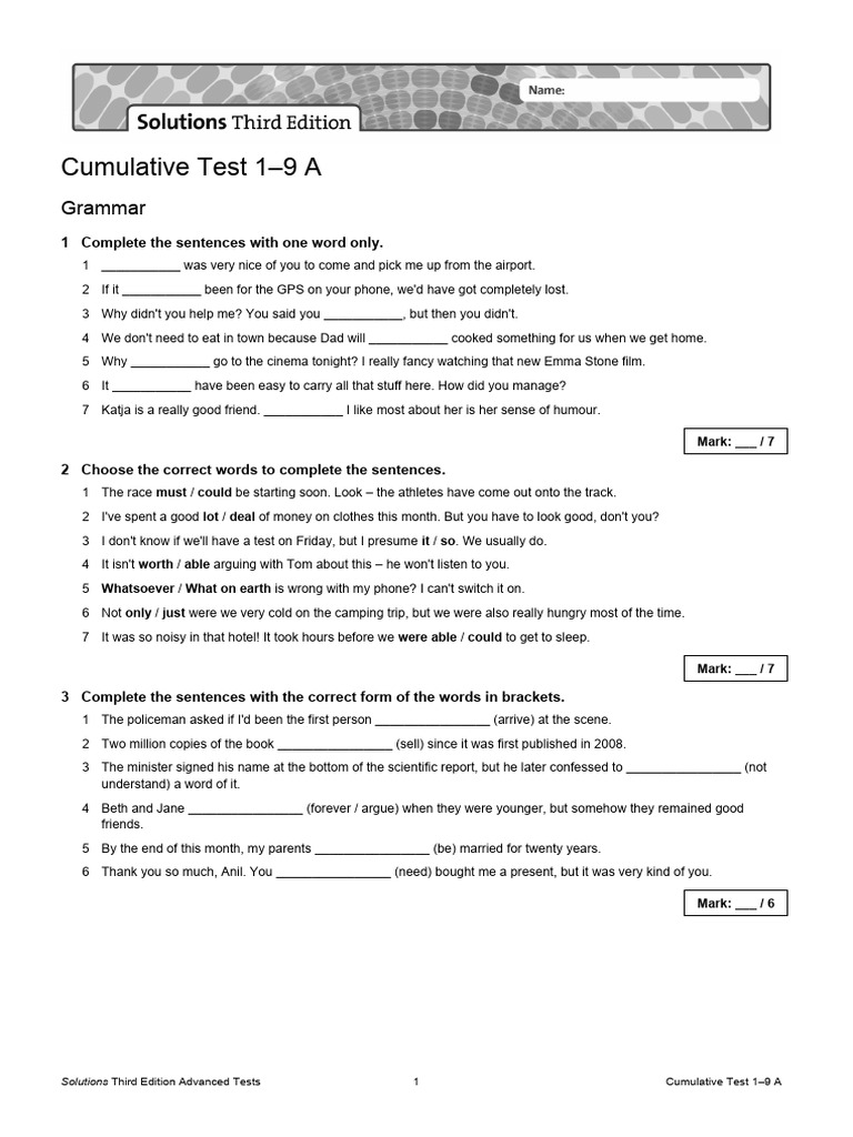 Sol3e Adv Cumulative Test 1-9 A | PDF