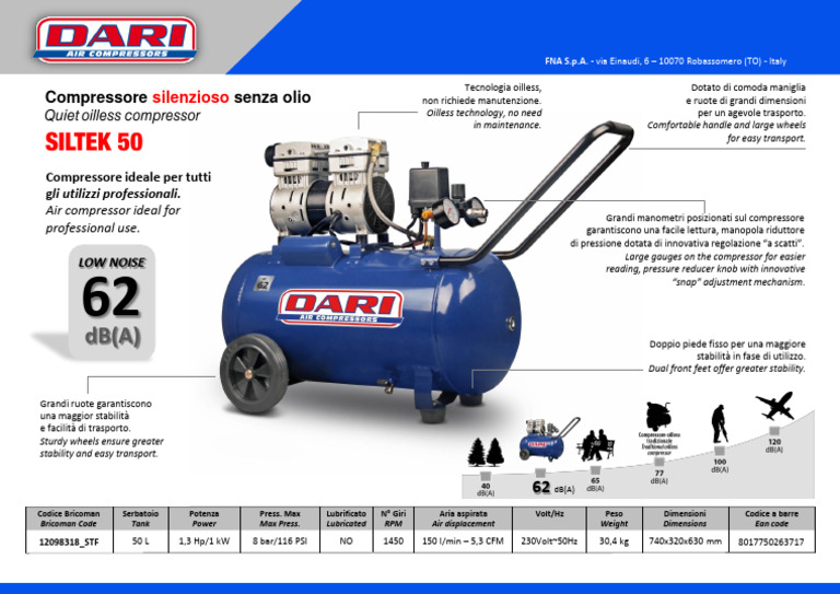 Compressore Silenziato L Dari HP Pressione Bar Aria Aspirata L Min DB ...