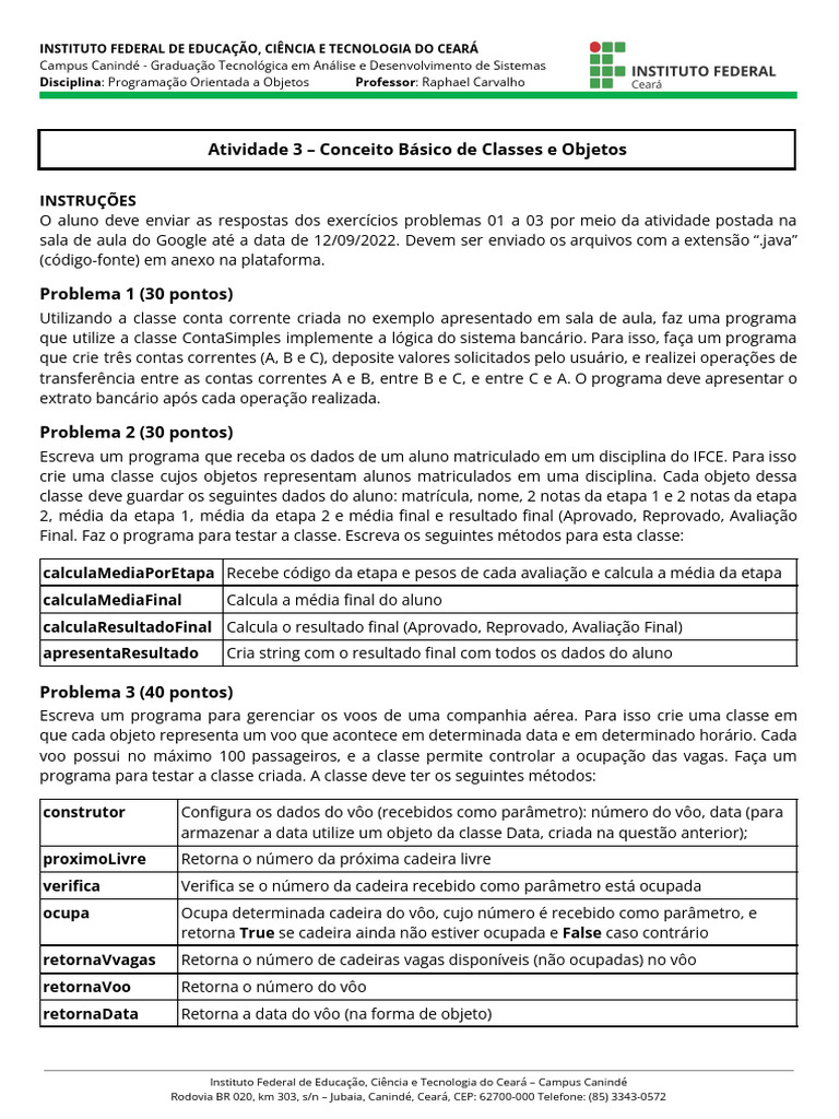 Atividade 3 - Conceito Básico de Classes e Objetos | PDF