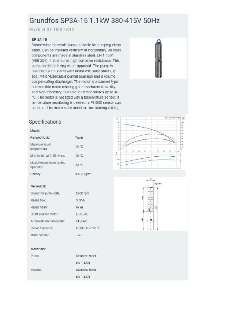 Datasheet Grundfos Submersible Pump - 1 | PDF