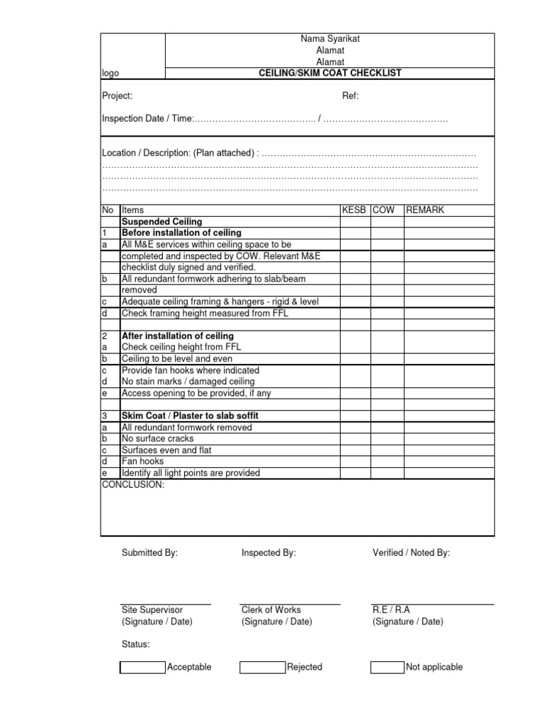 Ceiling Inspection Checklist Template | PDF | Technology & Engineering