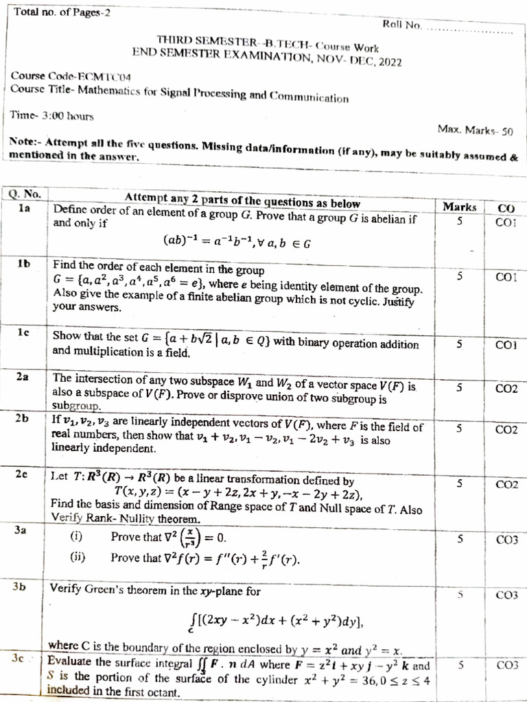 End Sem 2022 ECE | PDF | Group (Mathematics) | Linear Subspace