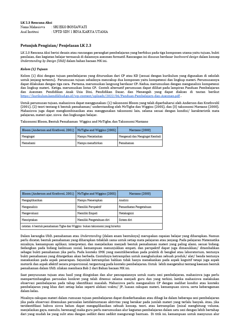 LK 2.3 Rencana Aksi Sri Eko 2 | PDF